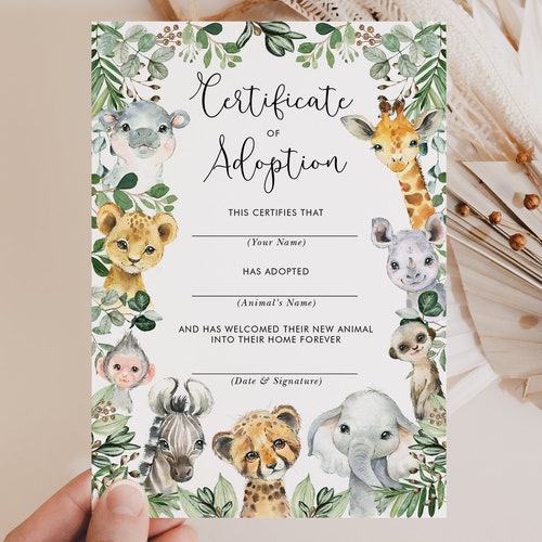 Adopt an Animal Adoption Certificate Safari Animals Wild One - Etsy