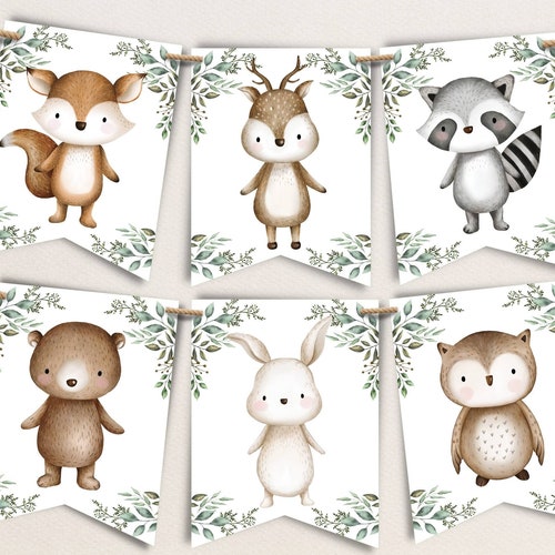 Cute Woodland Animals Printable Banner Greenery Forest 1st - Etsy