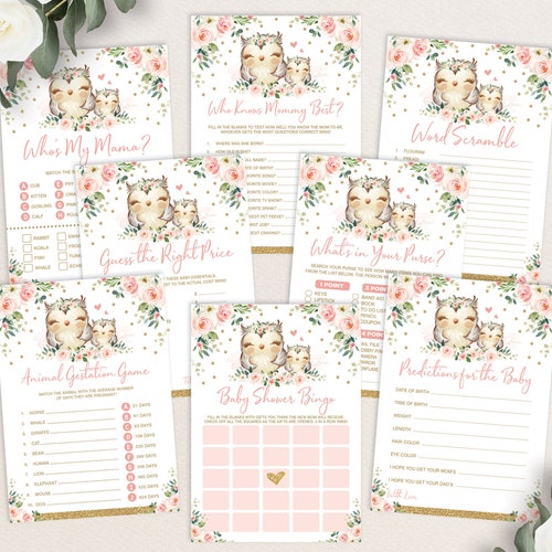 Owl Baby Shower GAMES BUNDLE 8 Blush Floral Printable Games - Etsy