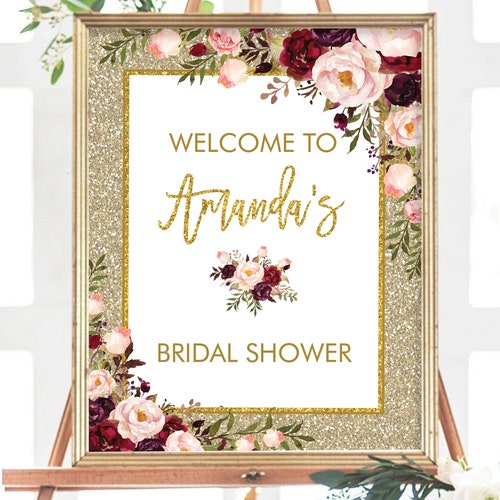 Glam Bridal Shower Welcome Sign. Blush Burgundy Gold Glitter - Etsy