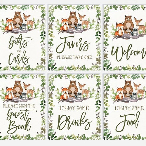 Woodland Animals Baby Shower Table Signs. Forest Greenery - Etsy