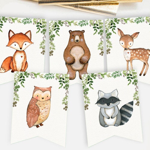 Greenery Woodland Animals Printable Banner. Botanical Forest - Etsy