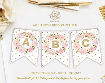 Girly Blush Floral Birthday Printable Banner. Pink Gold | Etsy