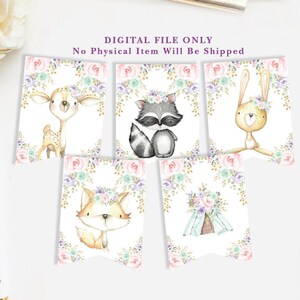 Boho Woodland Animals Printable Banner, Pink Purple Floral Teepee Wild ...
