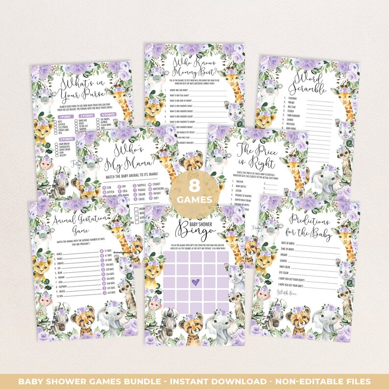 Purple Jungle Baby Shower Games Lilac Lavender Floral Safari - Etsy