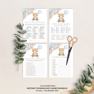 Teddy Bear Baby Shower Games Bundle, Dusty Blue Boho Bear Printable ...