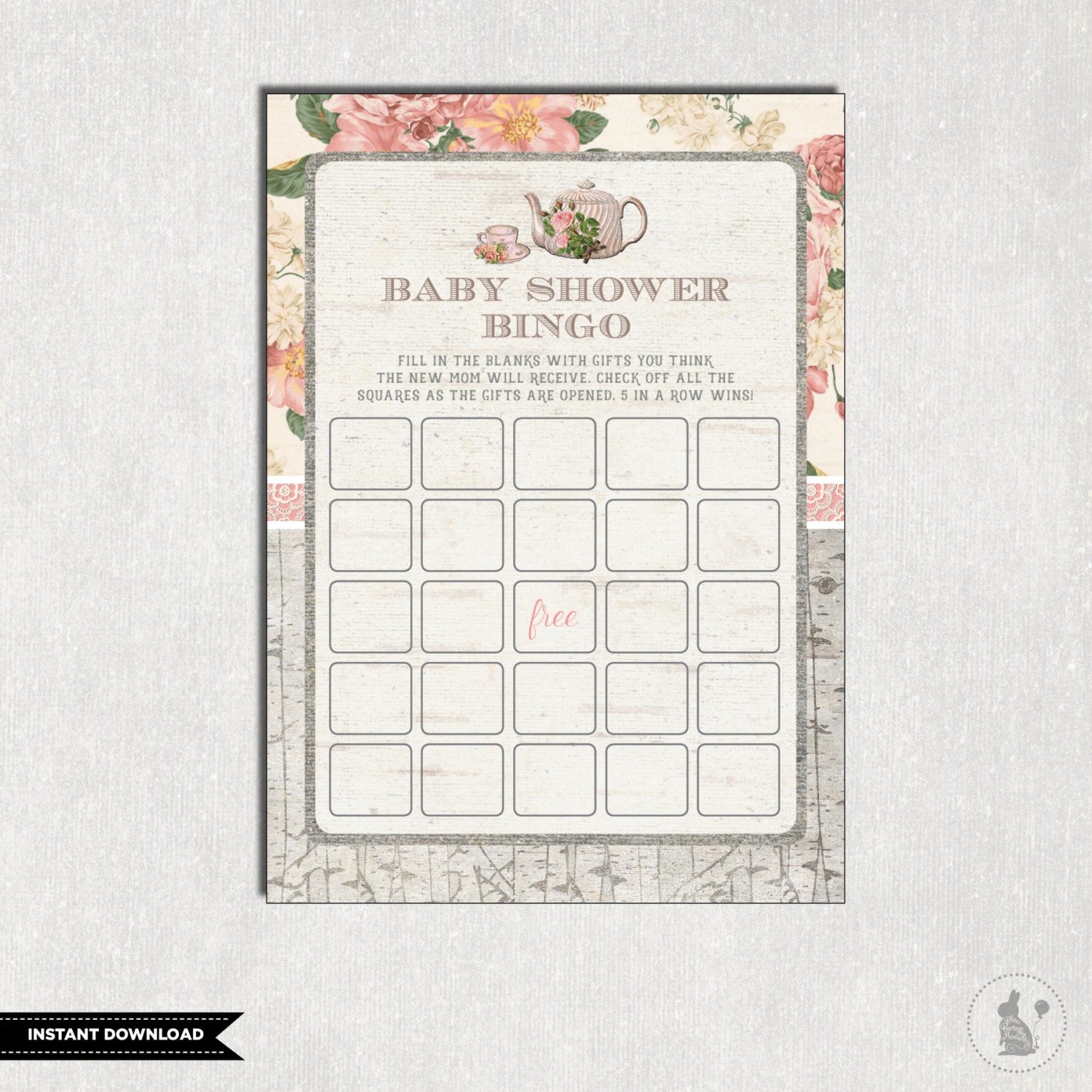 FLORAL Baby Shower BINGO. Rustic Flowers Baby Shower Game. | Etsy