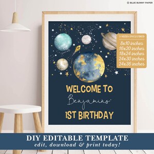 EDITABLE Space Birthday Welcome Sign, Galaxy Party Sign, Navy Gold Moon ...