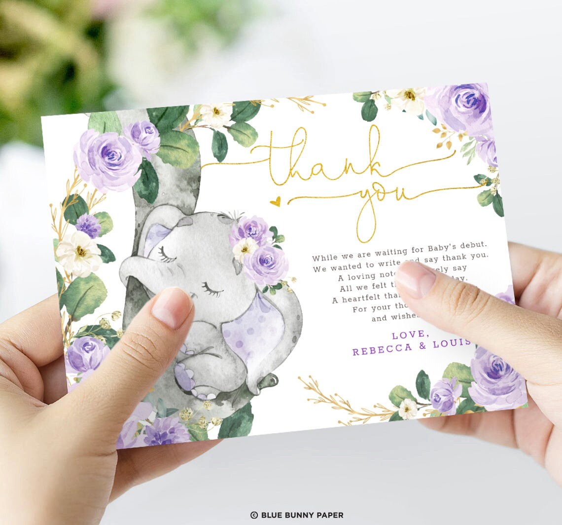 EDITABLE Girl Elephant Thank You Card. Purple Gold Floral | Etsy