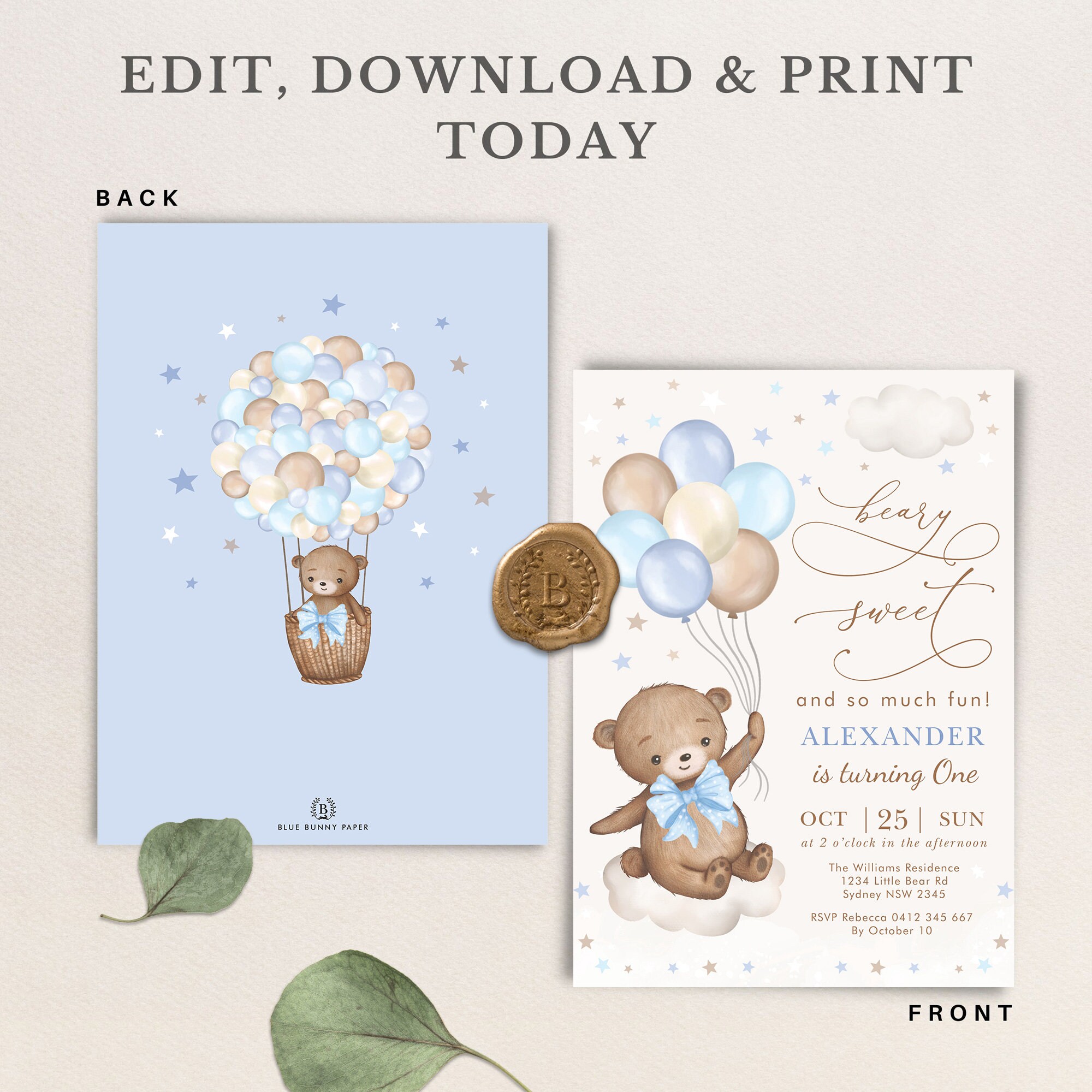 Boy Teddy Bear Birthday Invitation Bear Balloons Party - Etsy