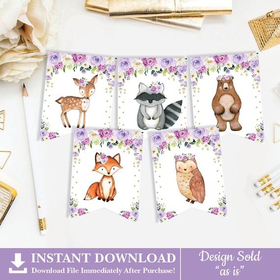 Purple Floral Woodland Animals Printable Banner. Forest Friends ...