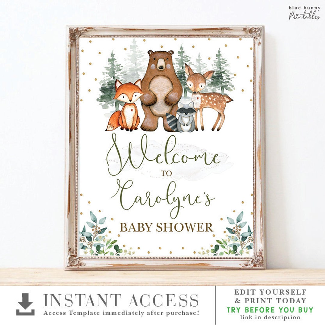 EDITABLE Woodland Baby Shower Welcome Sign. Greenery Forest Pine Trees ...