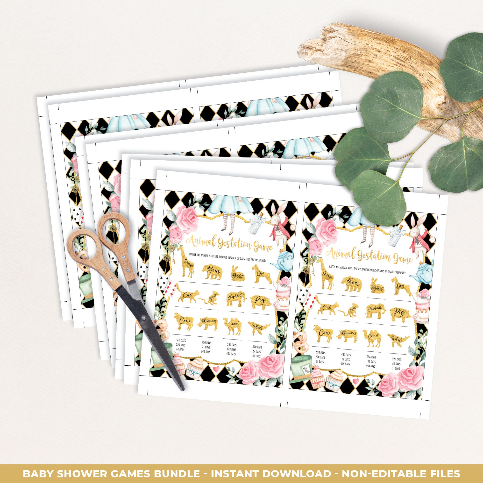 Alice in Wonderland Baby Shower Games Bundle, 8x Mad Hatter Tea Party ...