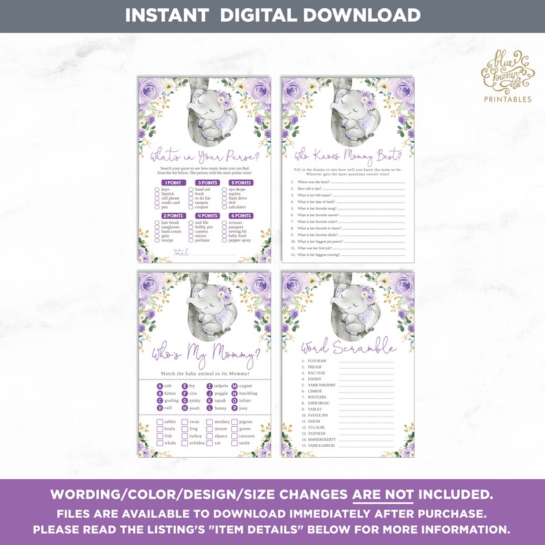 Purple Floral Elephant Baby Shower GAMES PACKAGE. 8x Jungle - Etsy