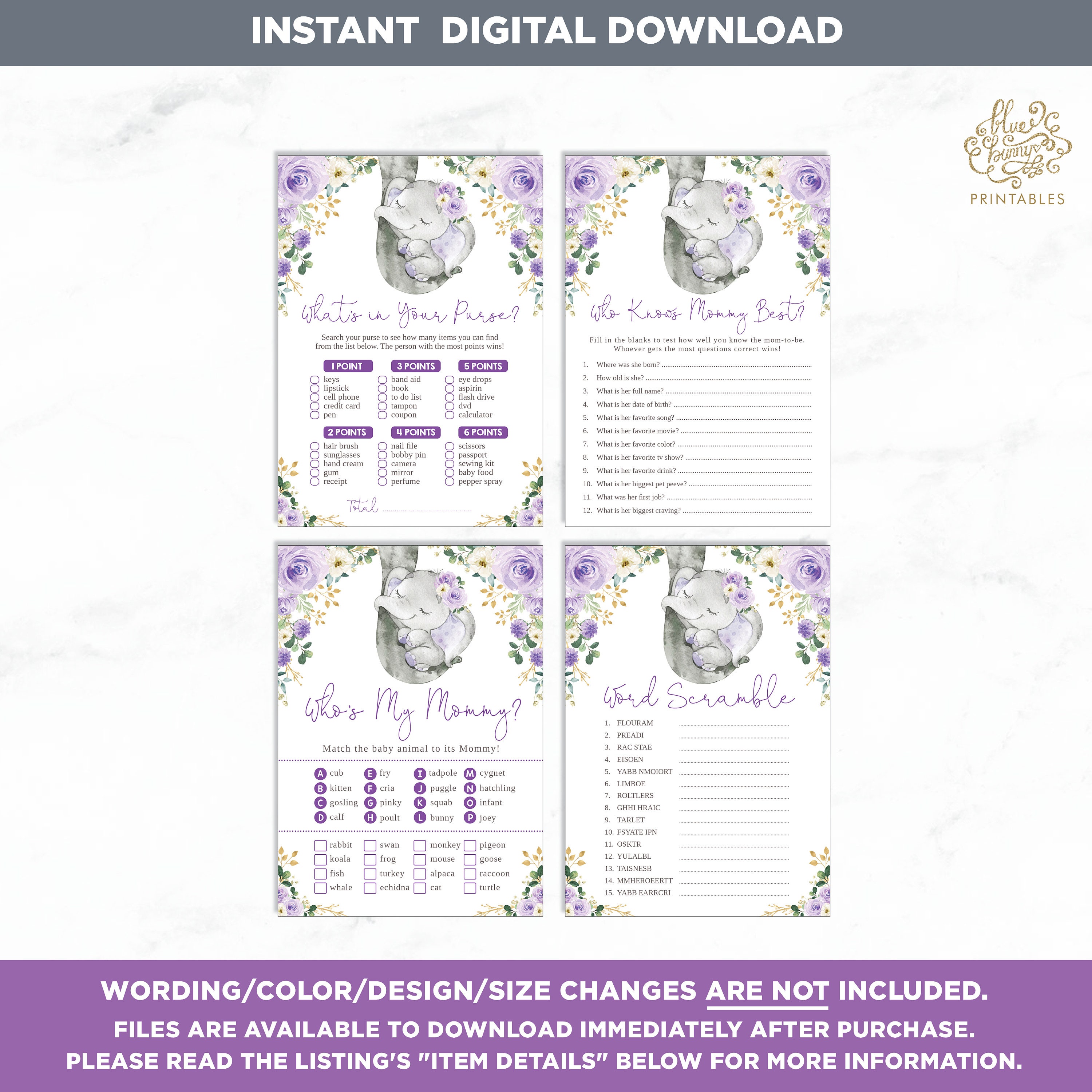 Purple Floral Elephant Baby Shower GAMES PACKAGE. 8x Jungle | Etsy