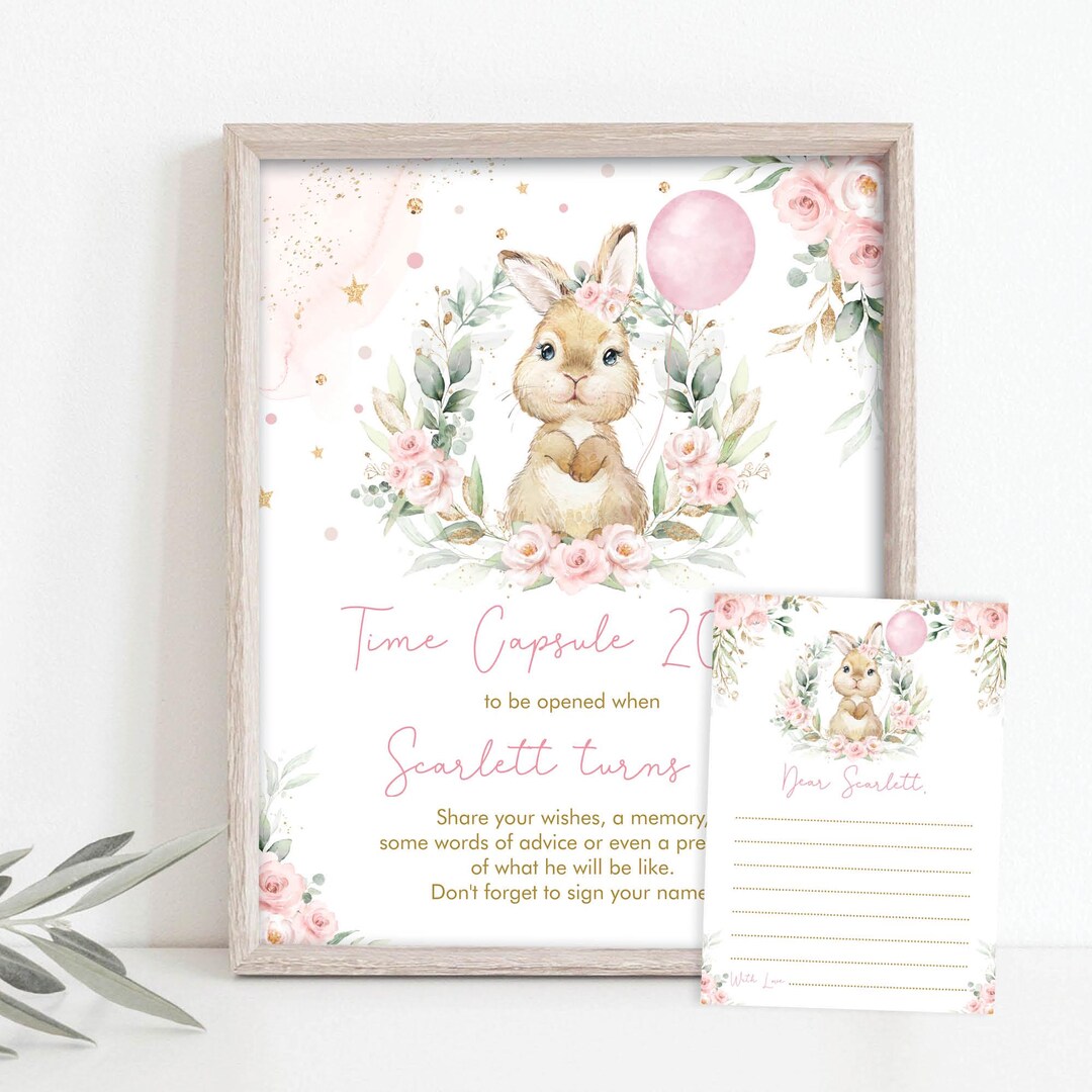 Pink Floral Bunny TIME CAPSULE, Pink Balloon Rabbit 1st Birthday ...