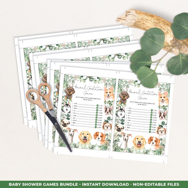 Puppy Baby Shower Games Bundle, 8x Dogs Baby Games Package, Greenery ...