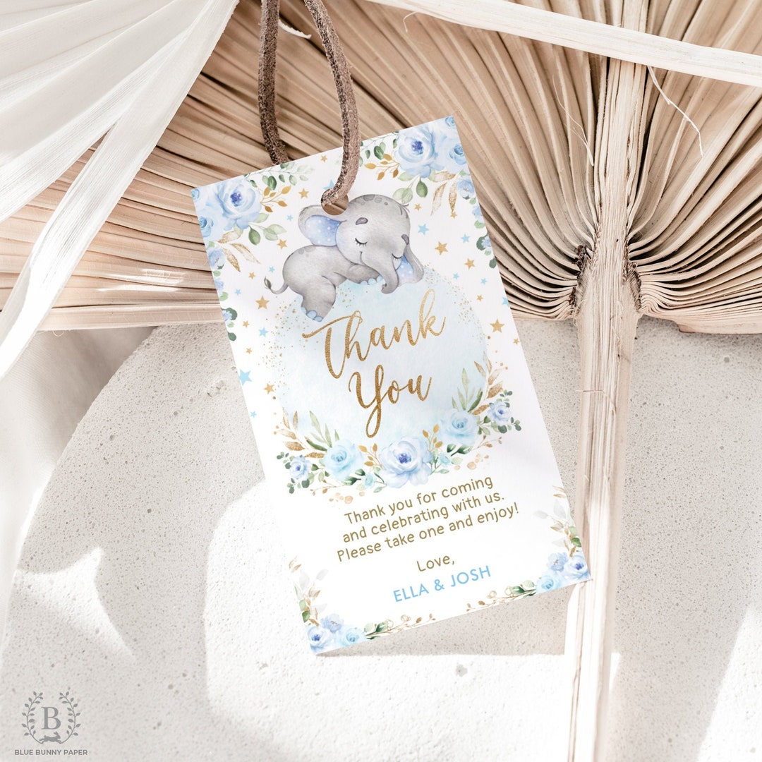 EDITABLE Elephant Favor Tag, Blue Floral Elephant Baby Shower Favors ...