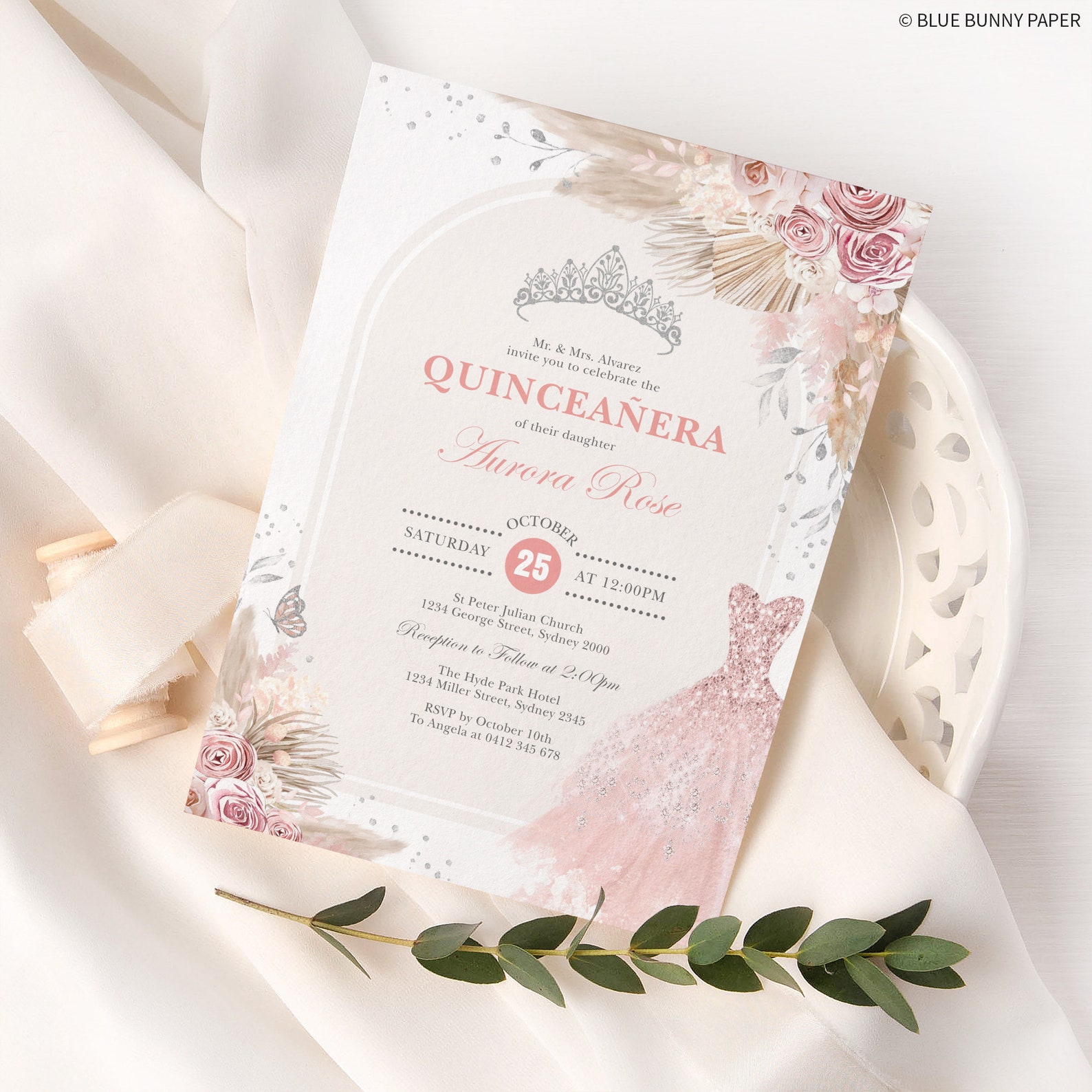 Quinceañera Invitation Editable Template Pink Glitter Dress Floral 15th ...