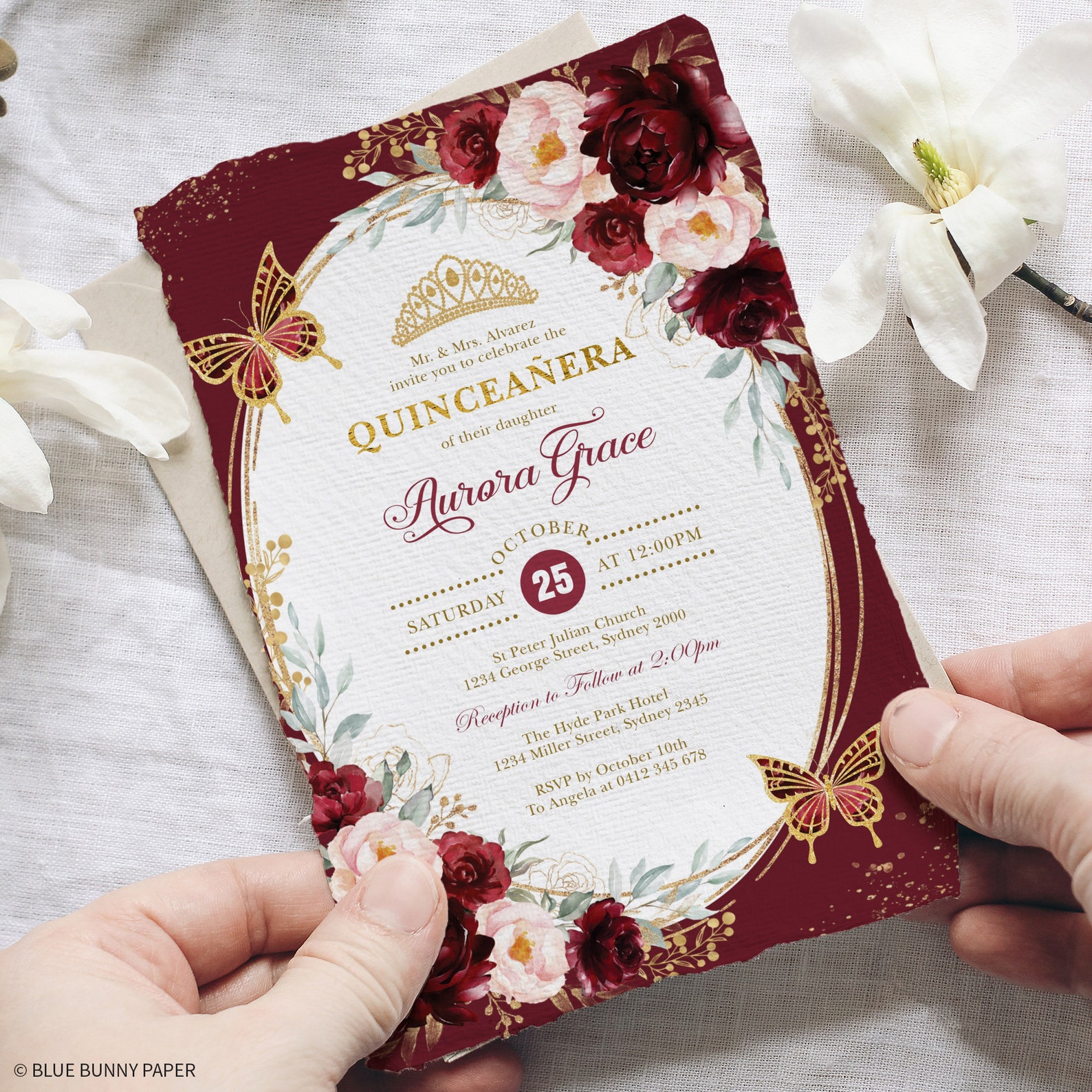 Editable Burgundy Red Quinceanera Invitation Blush Floral Mis - Etsy