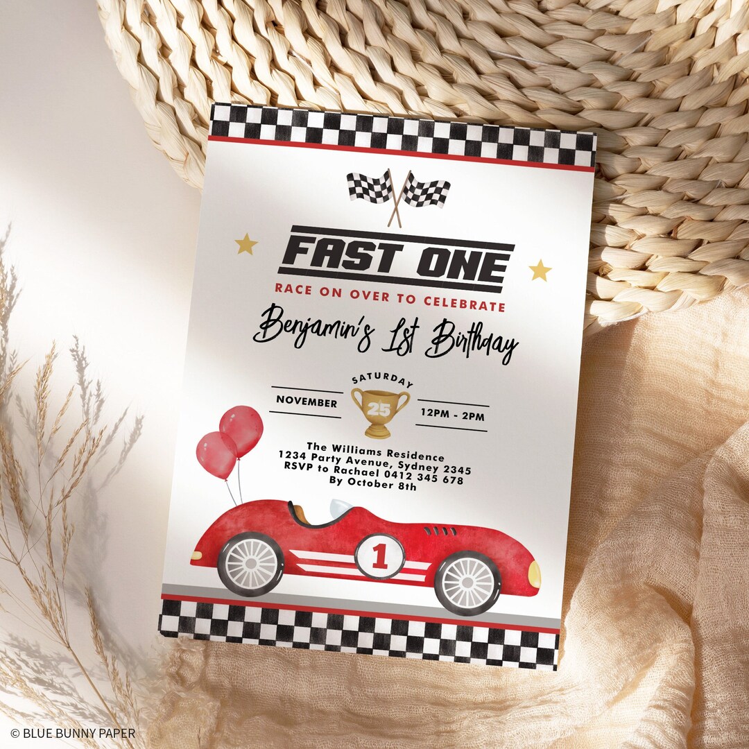 Editable Fast One Birthday Invitation Template Race Car Themed Digital ...