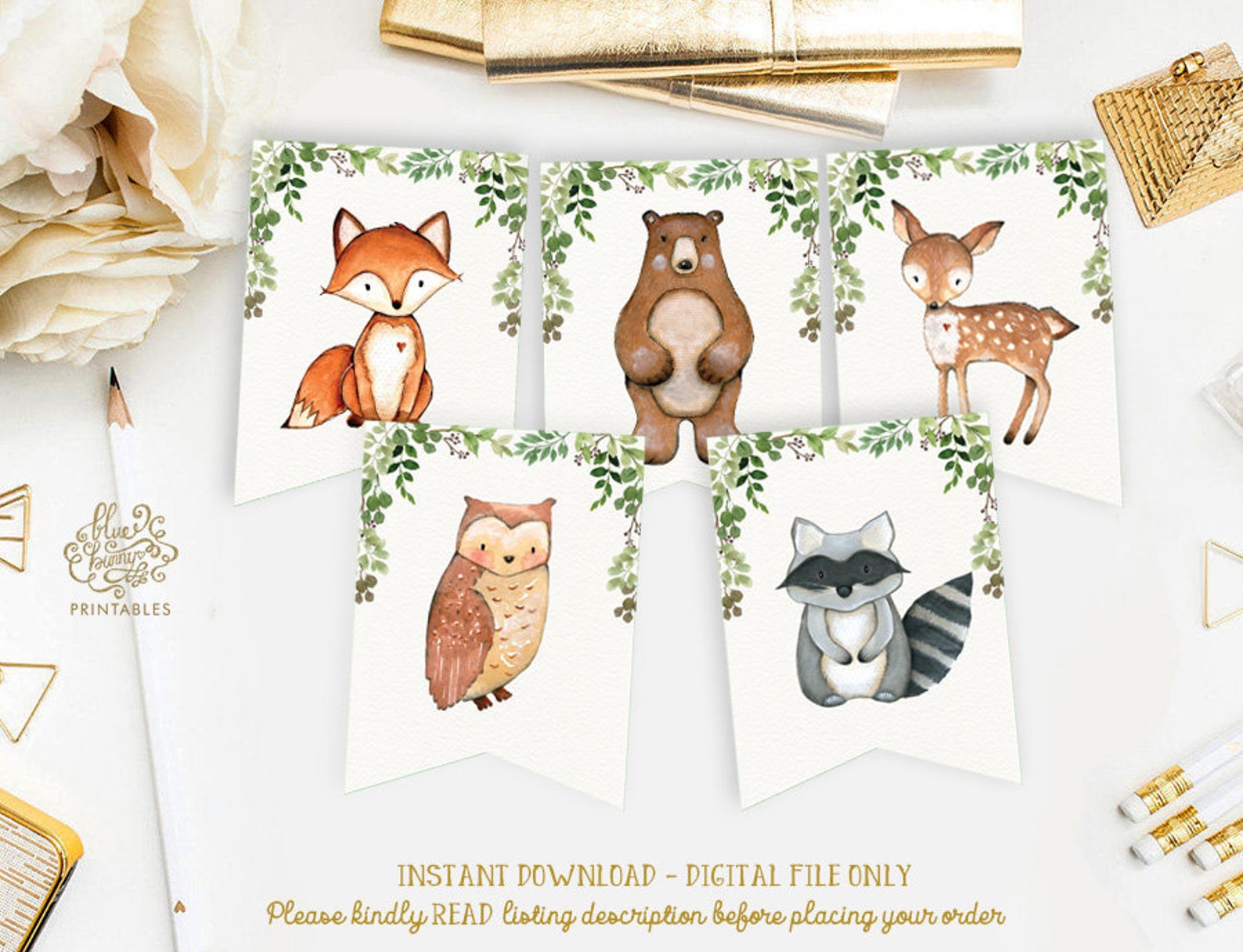Cute Woodland Animals Printable Banner. Greenery Forest - Etsy