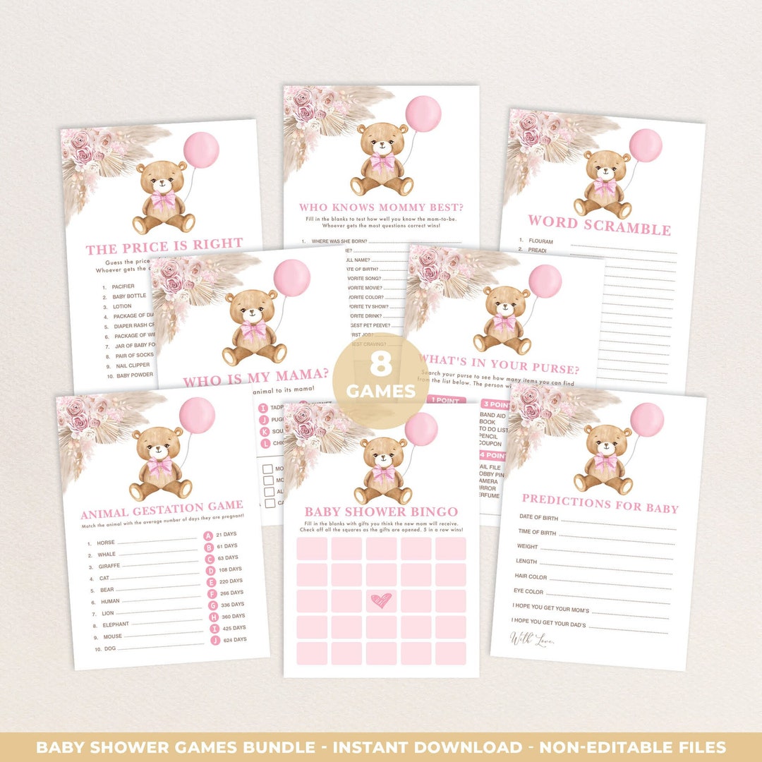 Girl Teddy Bear Baby Shower Games Bundle Dusty Pink Boho Bear Printable ...