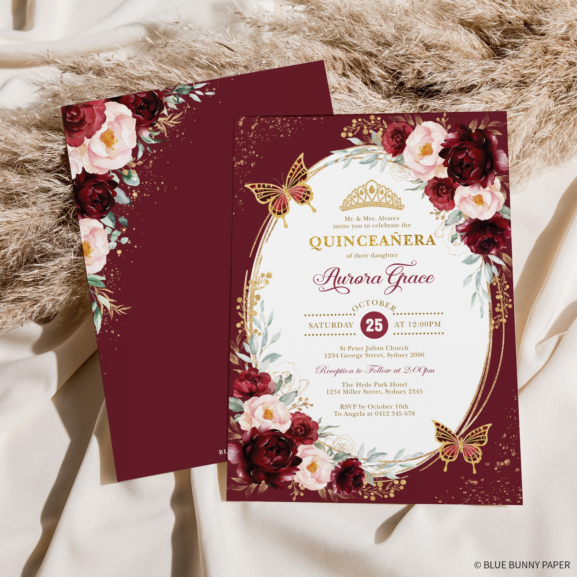 Editable Burgundy Red Quinceanera Invitation Blush Floral Mis - Etsy