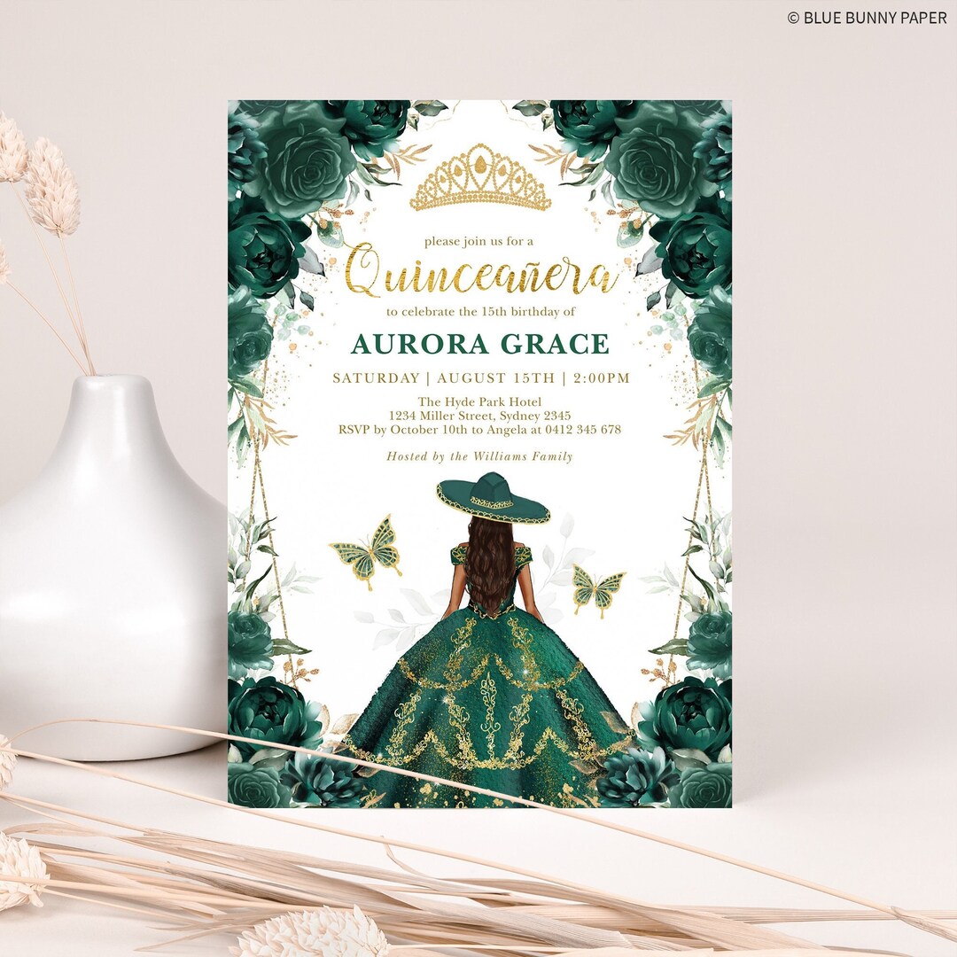 Charro Quinceanera Invitation Emerald Green Princess Mis Quince Anos ...