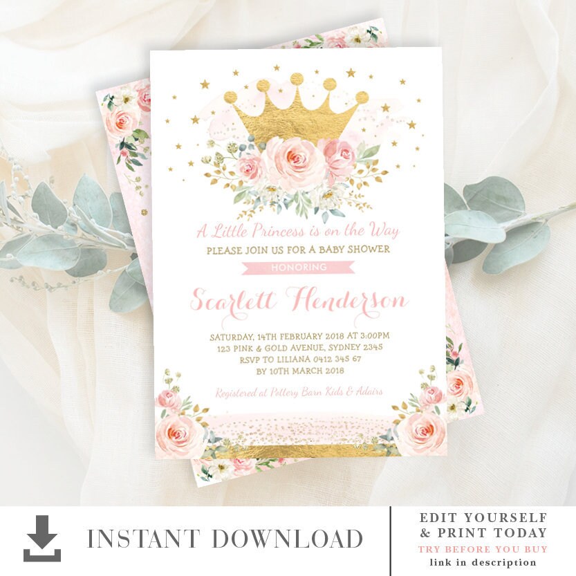 Crown Princess Baby Shower EDITABLE INVITATION. Blush Pink Gold ...