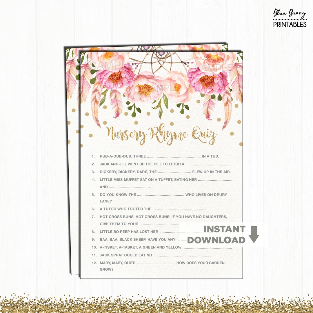 Nursery Rhyme Baby Shower Game. Boho Floral Pink and Gold Baby Shower ...