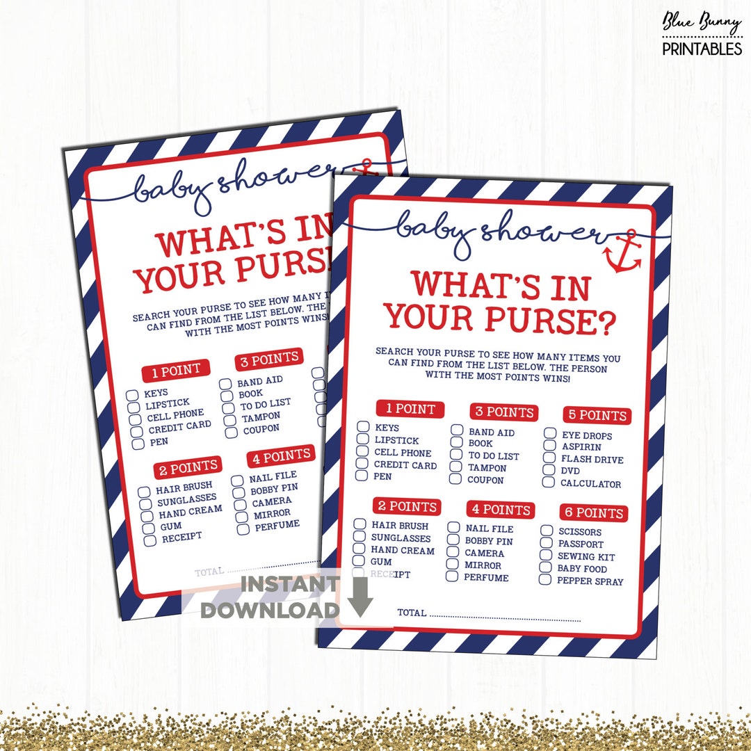 Nautical BABY SHOWER GAME What's in Your Purse Shower Game Printable ...