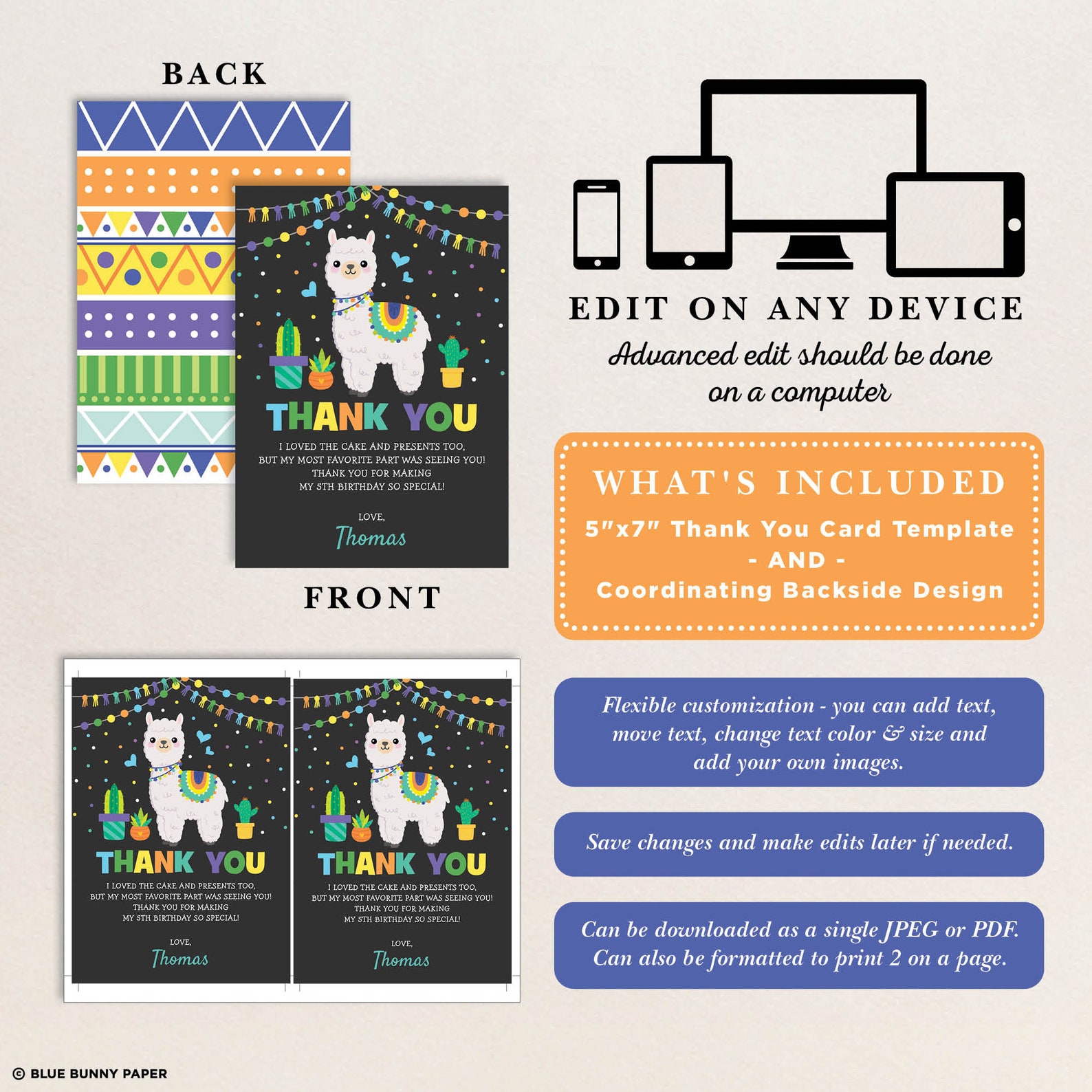 EDITABLE Llama Birthday Thank You Card Template, Boy Alpaca Party ...