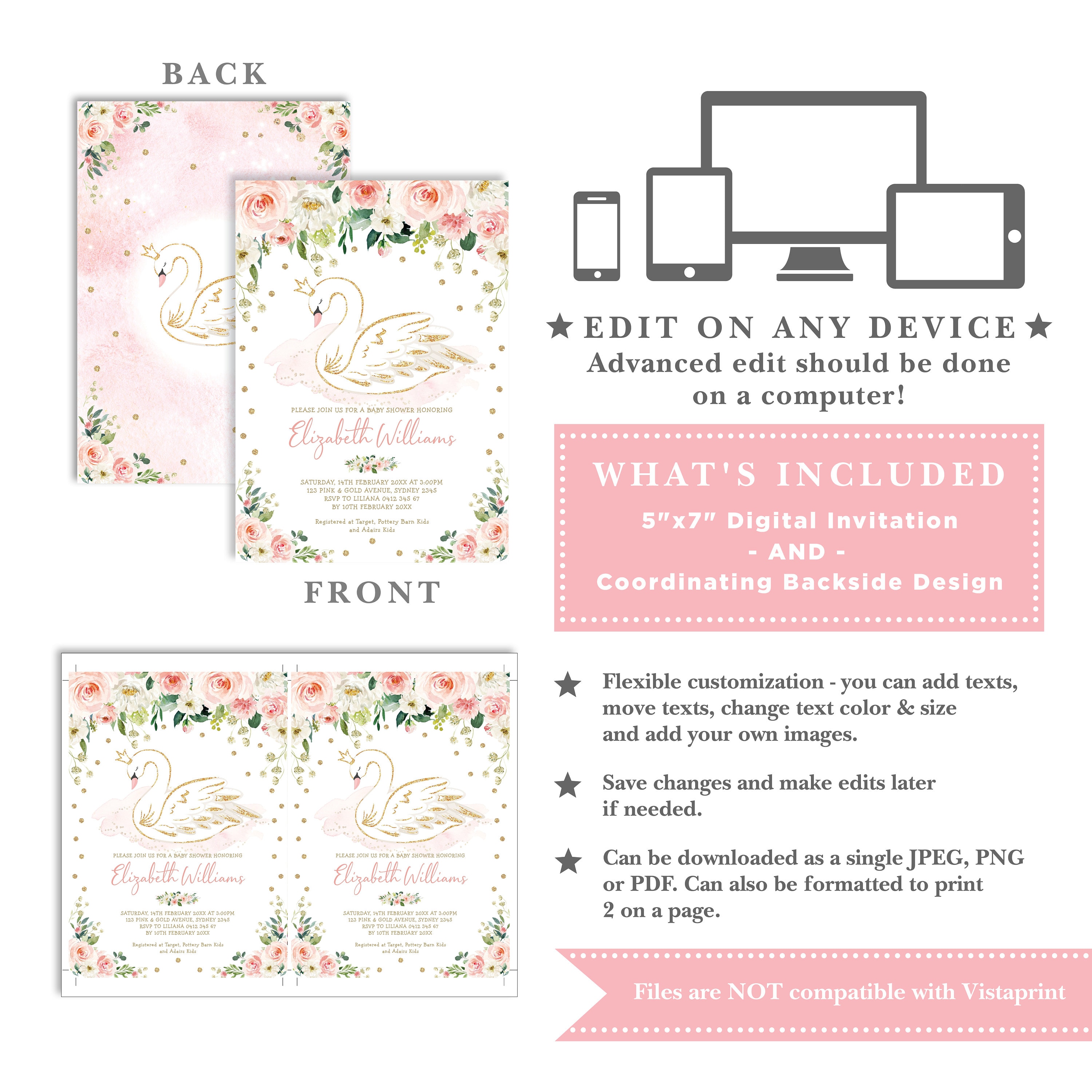EDITABLE Swan Baby Shower Invitation Template. Blush Gold Floral Swan ...