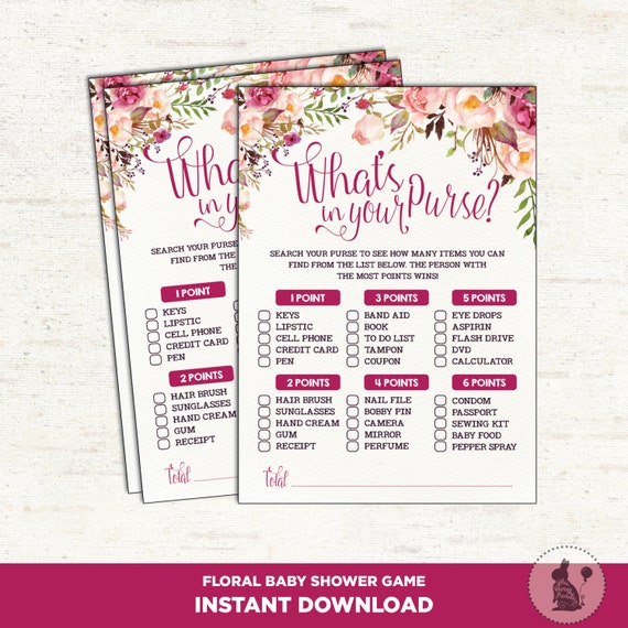 What's in Your Purse. Rustic Floral Baby Shower Game. | Etsy