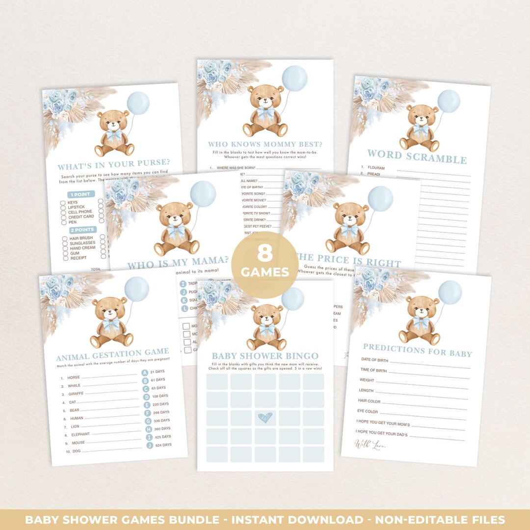 Teddy Bear Baby Shower Games Bundle, Dusty Blue Boho Bear Printable ...