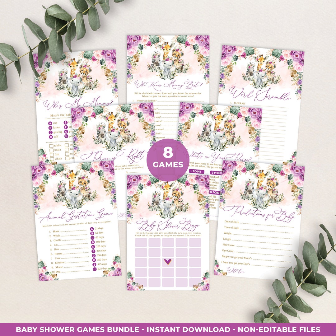 Boho Jungle Baby Shower Games, 8x Pink Purple Safari Animals Printable ...
