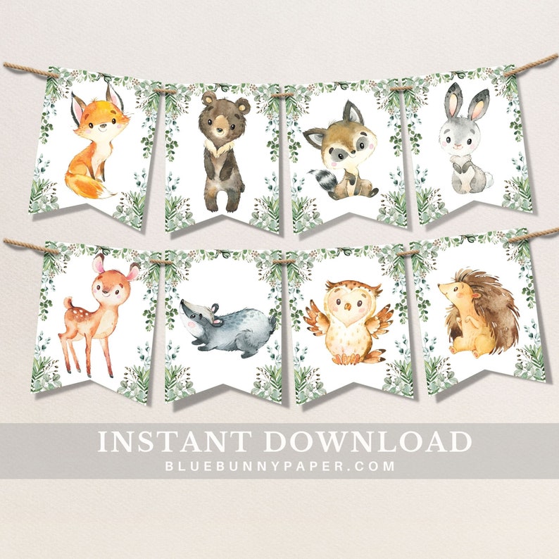 Woodland Animals Printable Banner Greenery Forest 1st | Etsy