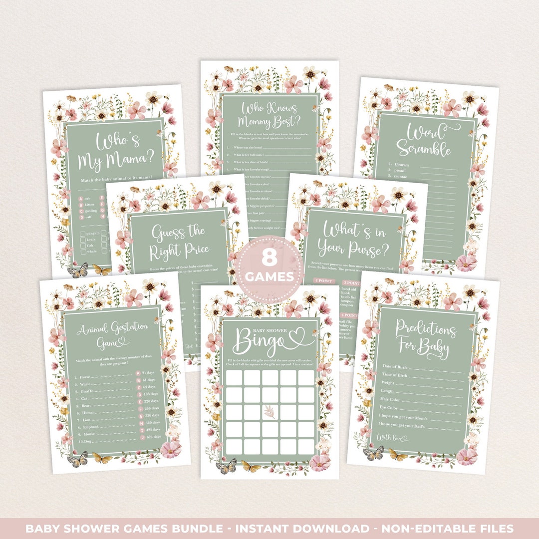 Boho Wildflower Baby Shower Games Printable Sage Green Dusty Pink ...