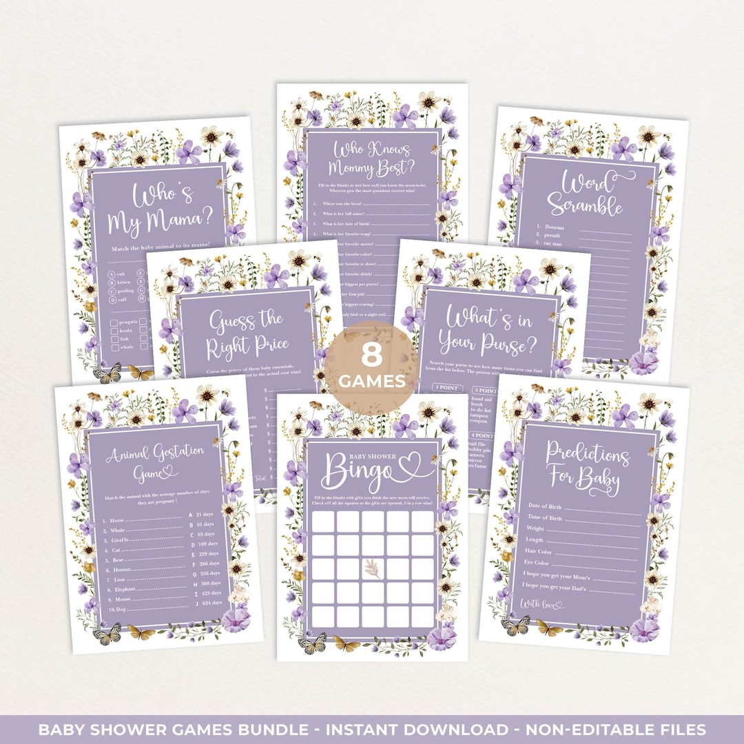 Purple Wildflower Baby Shower Games Printable Boho Lilac Lavender ...