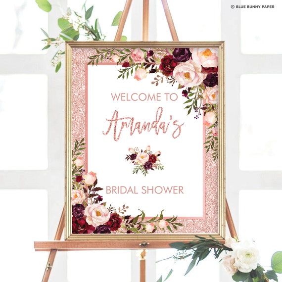 Floral Rose Gold Welcome Sign. Glam Burgundy Blush Flower Bridal Shower ...