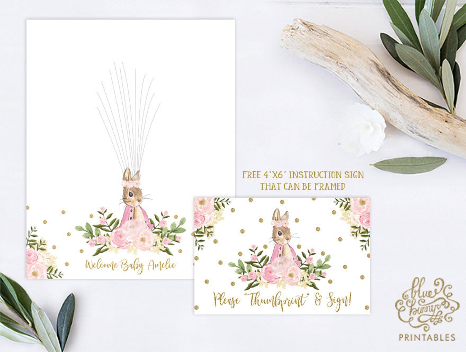 Pink Rabbit THUMBPRINT GUESTBOOK Printable Sign. Pink & Gold | Etsy