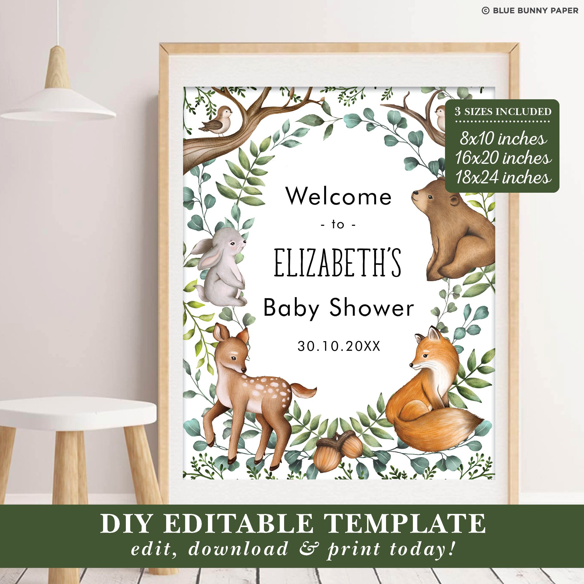 EDITABLE Woodland Animals Welcome Sign, Forest Baby Shower Decorations ...