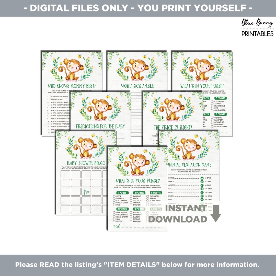 MONKEY Baby Shower GAMES PACKAGE. 8x Jungle Safari Baby Shower ...