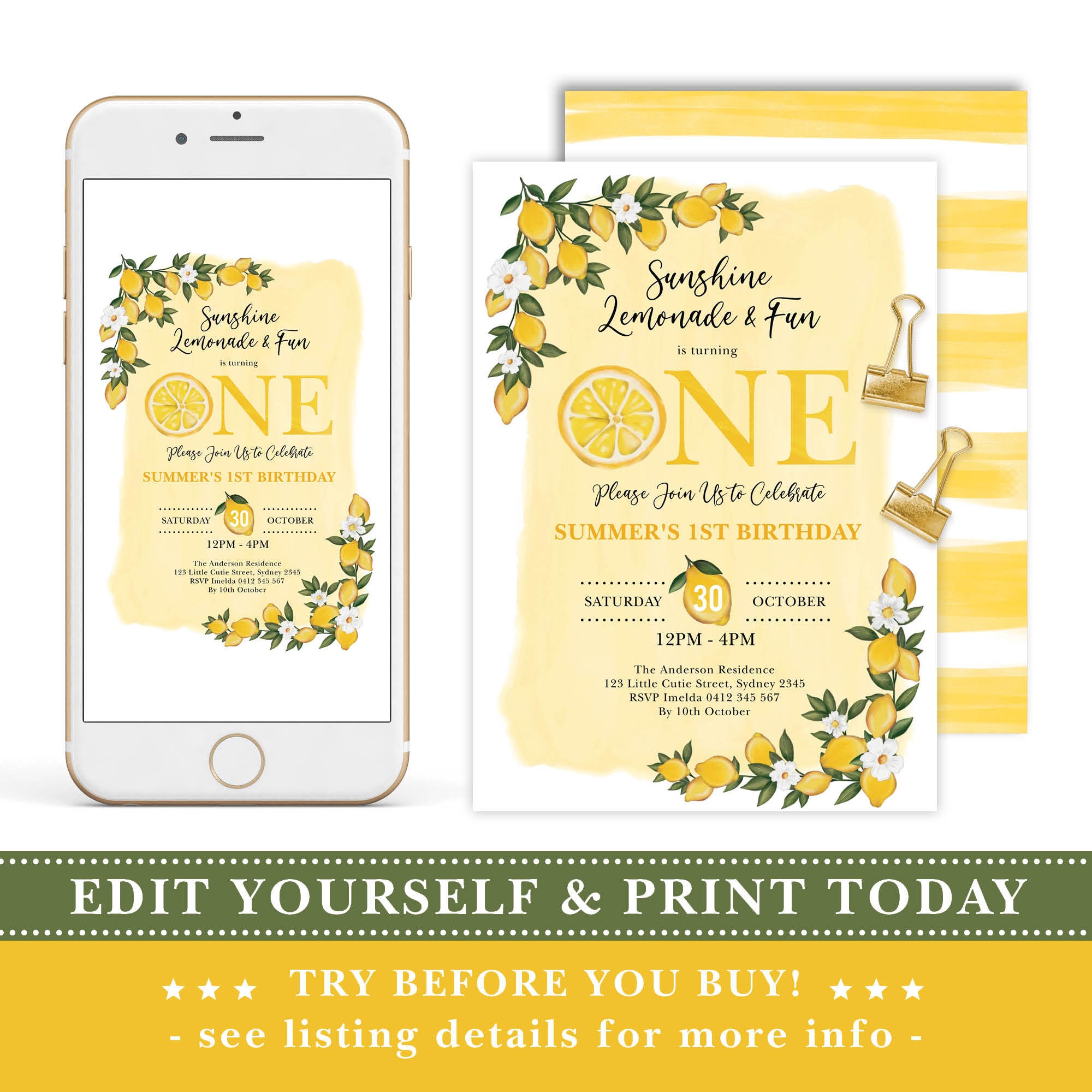 Lemon 1st Birthday Invitation Template, Sunshine Lemonade Party Invite ...
