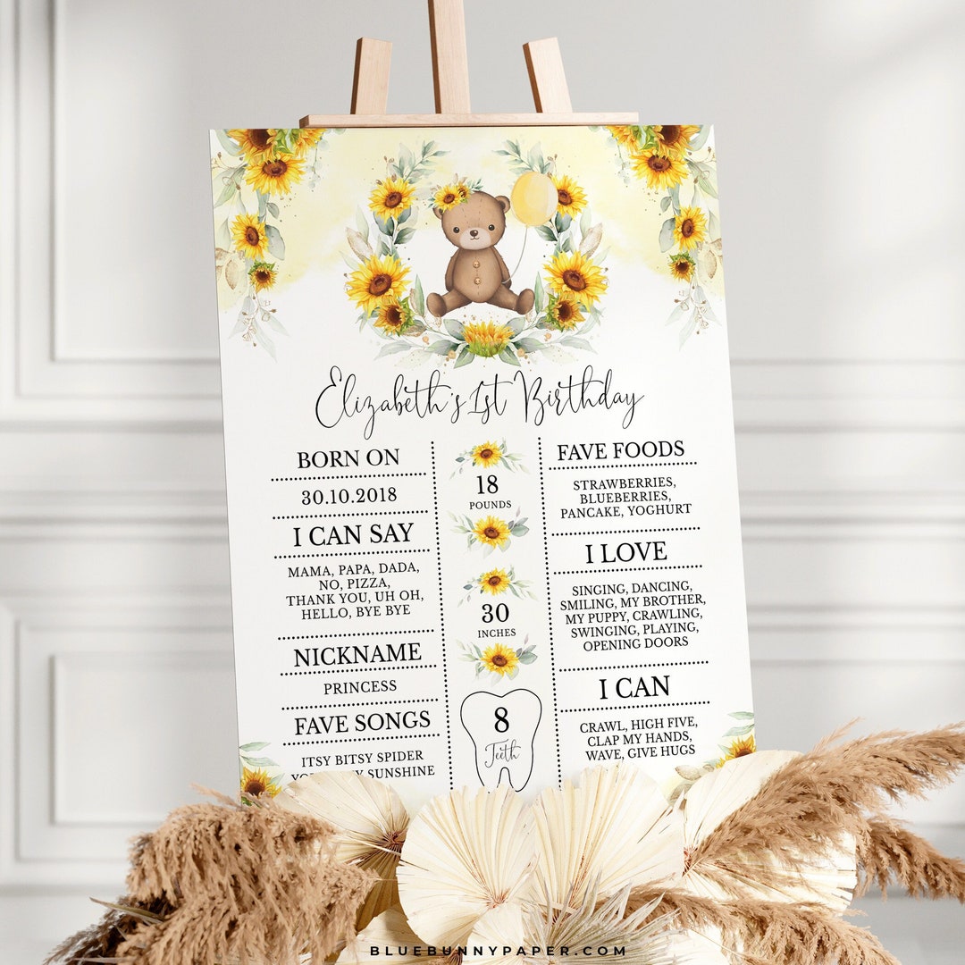 Sunflower Teddy Bear 1st Birthday Milestone Board Summer Floral Bear ...