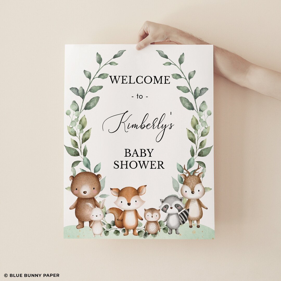 Woodland Welcome Sign, Forest Animals Baby Shower Decorations, Greenery ...