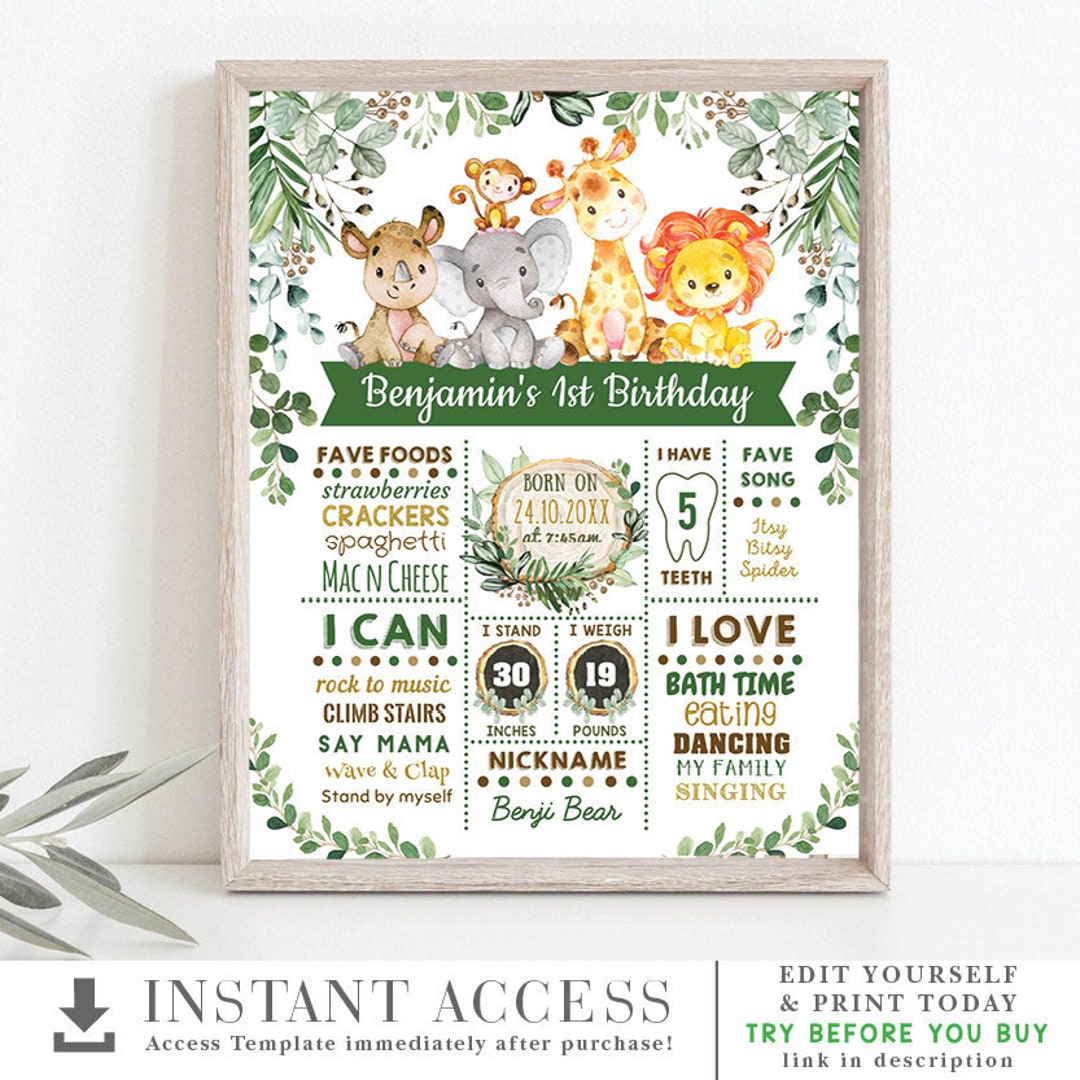 Greenery Safari 1st Birthday Milestone Poster. Jungle Baby Animals Wild ...