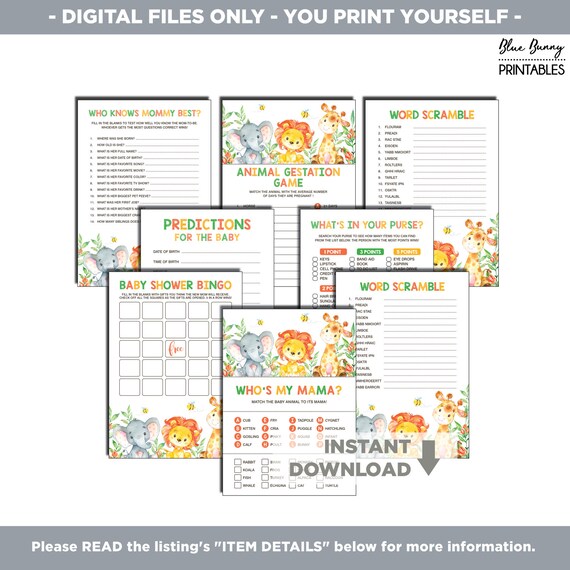 Floral Jungle Baby Shower GAMES PACKAGE. 8x Orange Yellow Safari ...