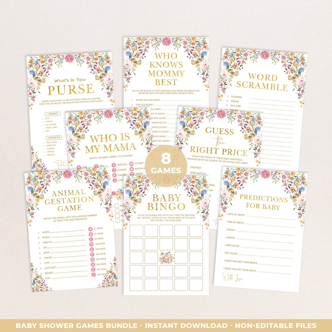 Colorful Wildflower Baby Shower Games Bundle 8x Spring Garden Flowers ...